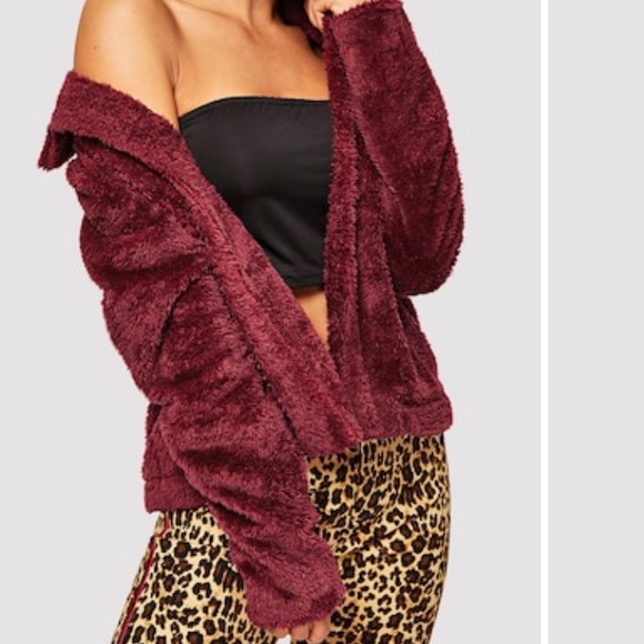 SHEIN | Jackets & Coats | Red Collared Fuzzy Coat With Inside Black ...